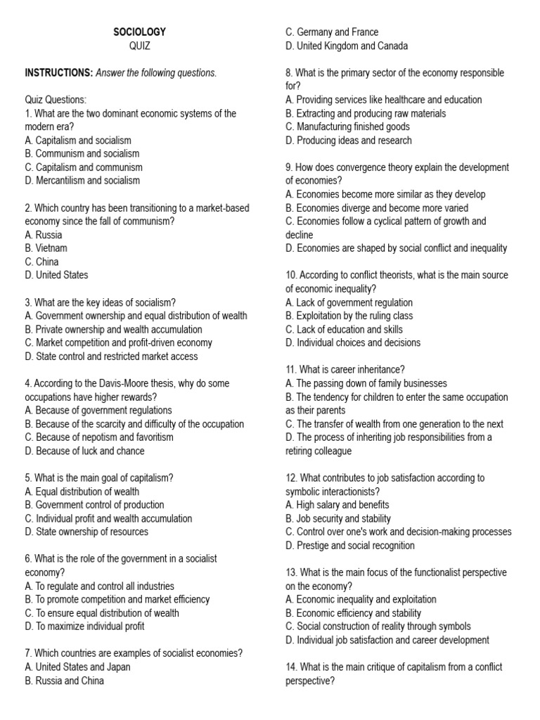 ECONOMIC SYSTEMS QUIZ - Sociology | PDF | Economic System | Capitalism ECONOMIC SYSTEMS QUIZ - Sociology | PDF | Economic System | Capitalism