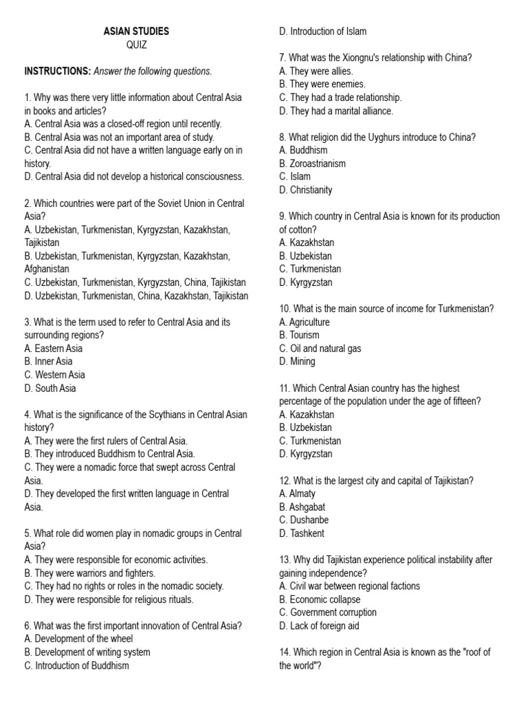 Central Asia Quiz - Asian Studies | PDF | Central Asia | Tajikistan