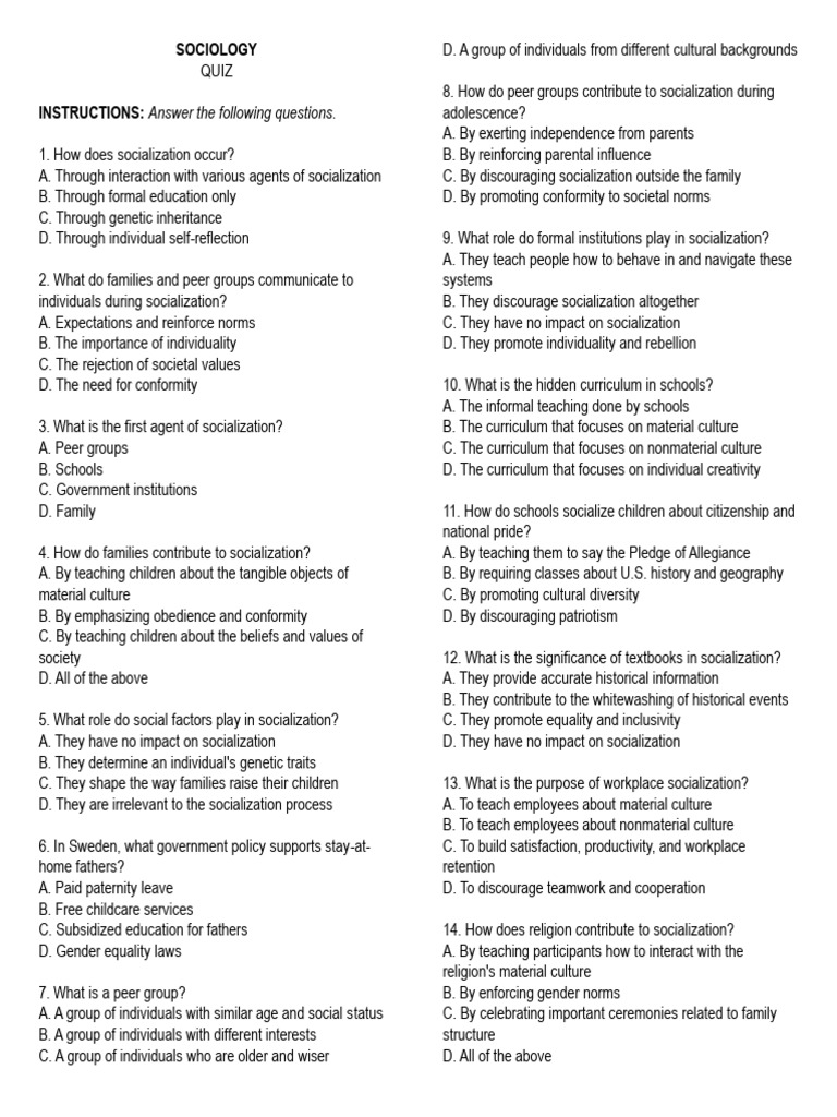 Socialization Quiz Sociology | PDF | Socialization | Conformity