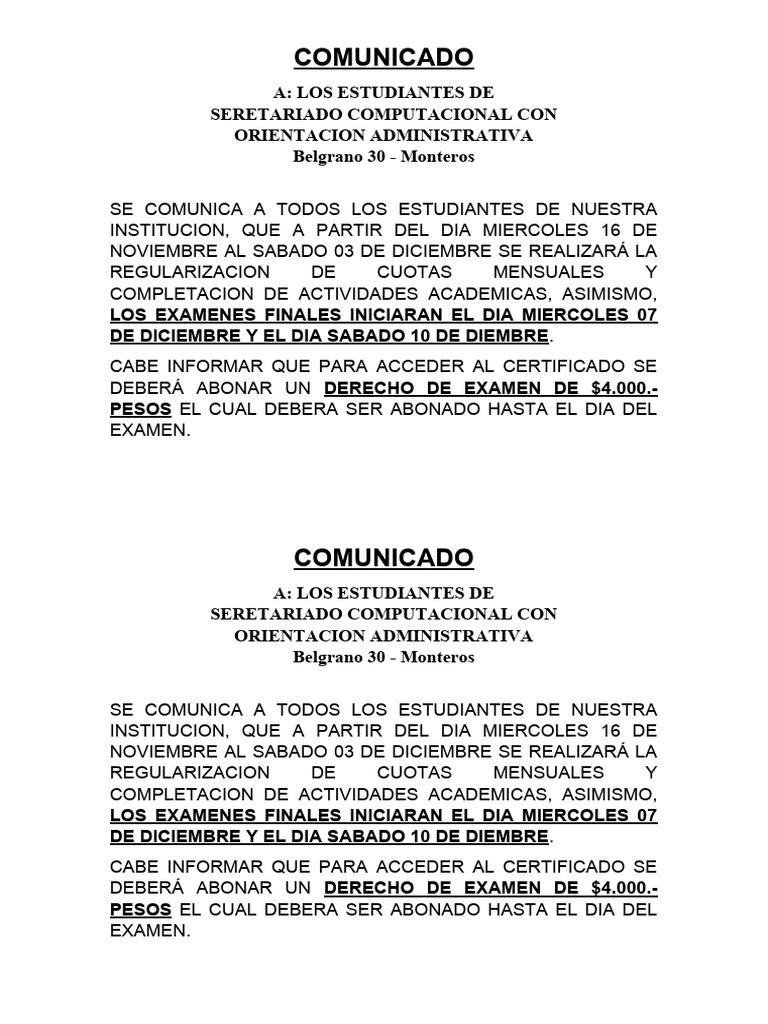 Modelo de COMUNICADO de Examen | PDF