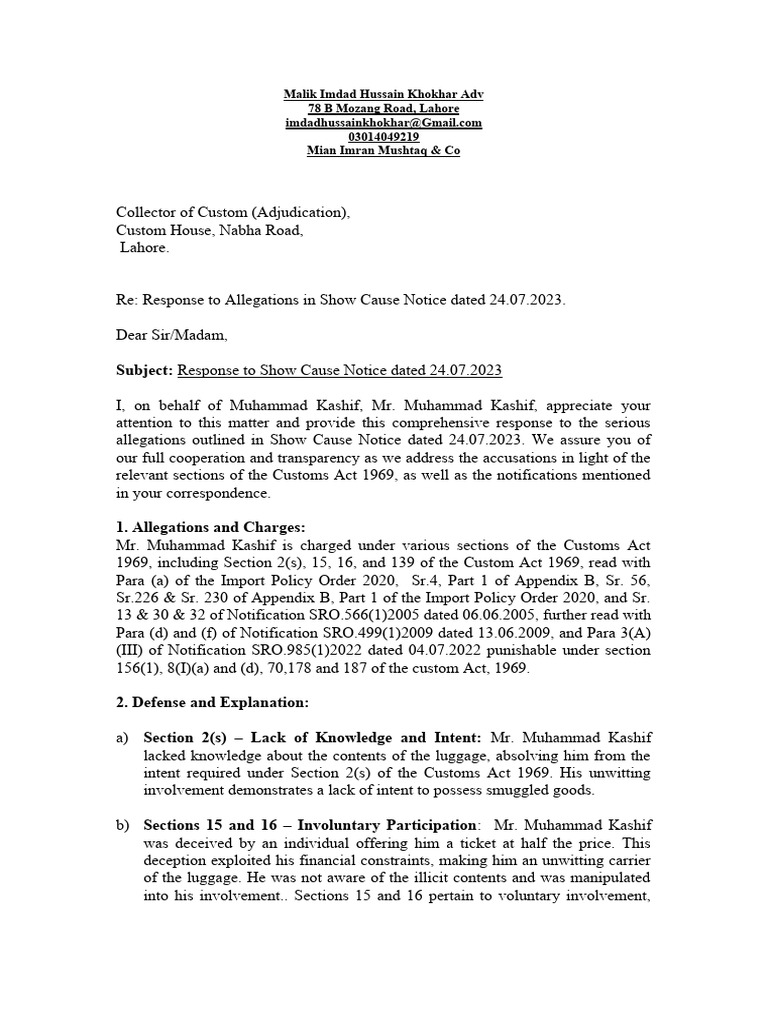 Response to Show Cause Notice for Kashif | PDF | Smuggling | Justice