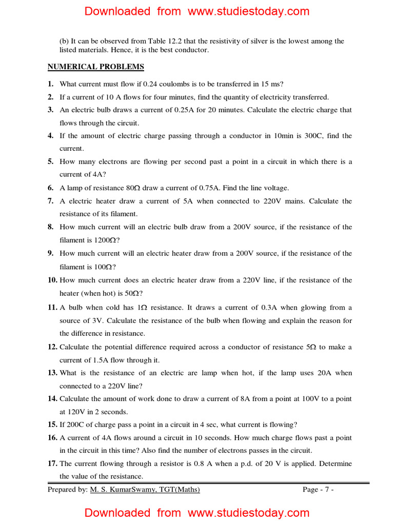 Class 10 Electricity Numerical Problems | PDF | Electrical Resistance ...