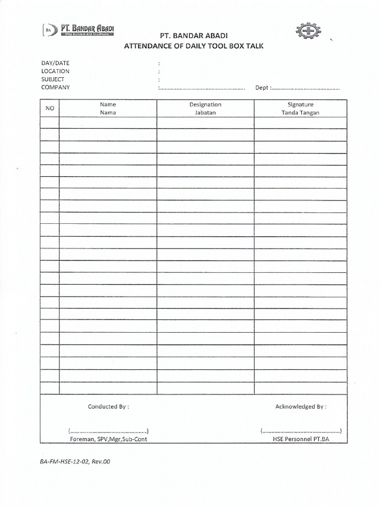 Attendance of Daily Tool Box Talk | PDF