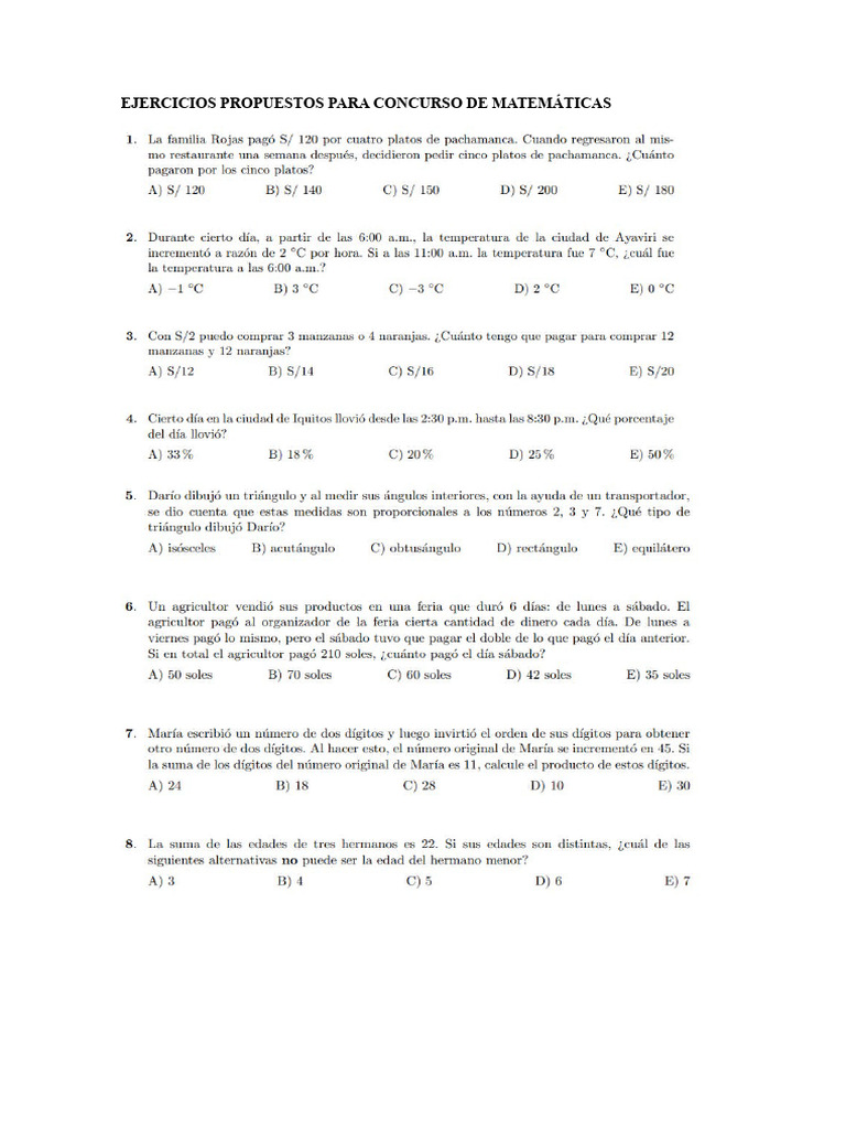 Ejercicios Propuestos para Concurso de Matemáticas (Segundo) | PDF