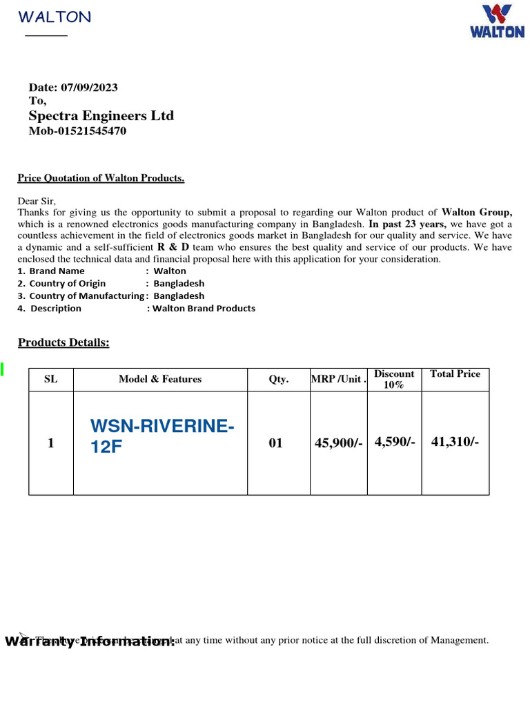 Quotation-Air Conditioner (Walton Plaza, Kuril) | PDF | Prices | Value ...