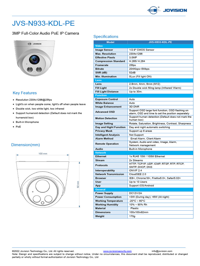 Jvs-n933-Kdl-pe 3mp Full-Color Audio Poe Ip Camera | PDF | Computer Network | Camera