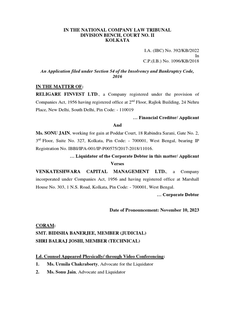 An Application Filed Under Section 54 of The Insolvency and Bankruptcy ...