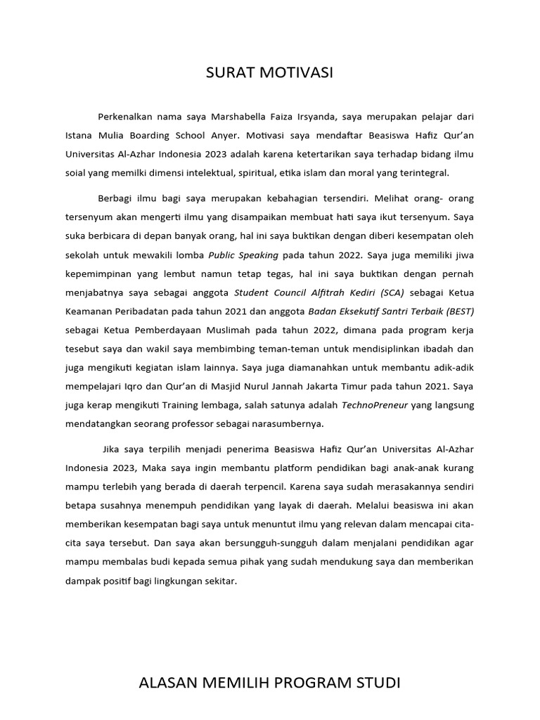 Essay Surat Motivasi Dan Alasan Memilih Program Studi | PDF