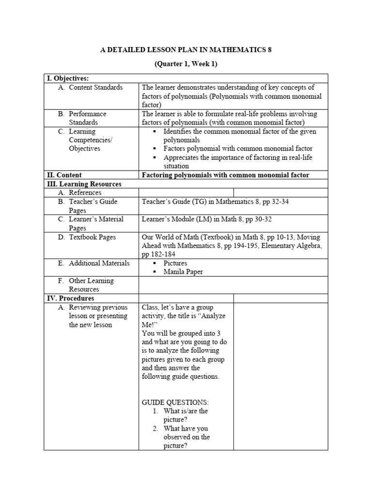 A Detailed Lesson Plan in Mathematics 8 2 | PDF | Polynomial | Factorization