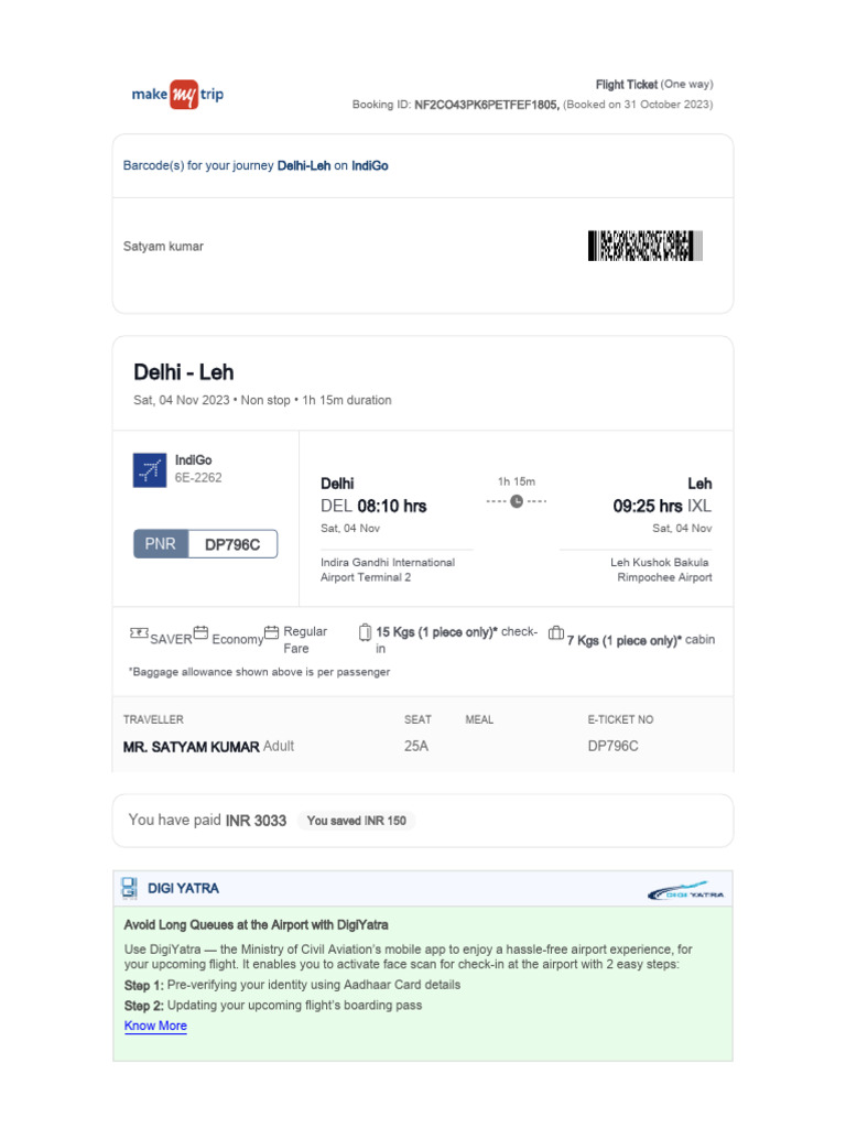 Delhi to Leh Flight Booking Details | PDF | Identity Document | Transport