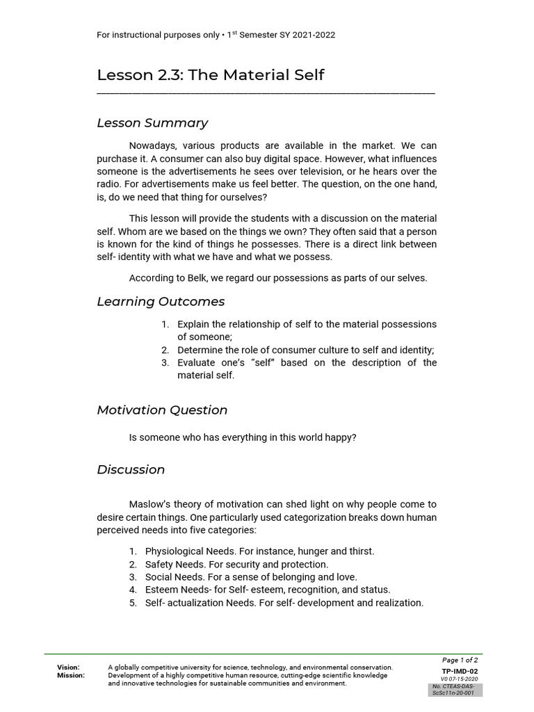 Module 2 Lesson 2.3 The Material Self UTS | PDF | Social Psychology ...