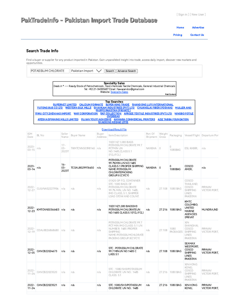 POTASSIUM CHLORATE - PakTradeInfo - Pakistan Import Trade Database | PDF | Economies | Business