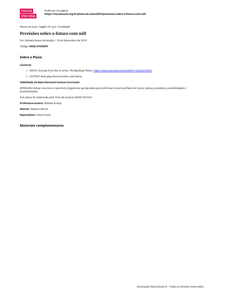 Plano de Aula Ing8 01und01 | PDF