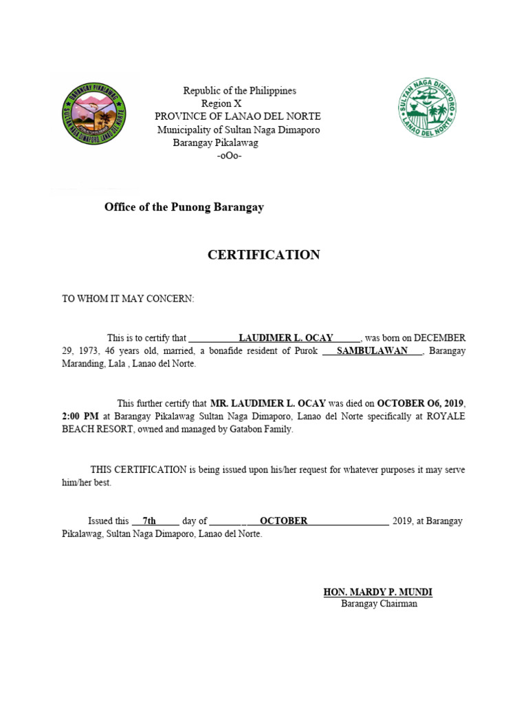 Sample Of Barangay Certification