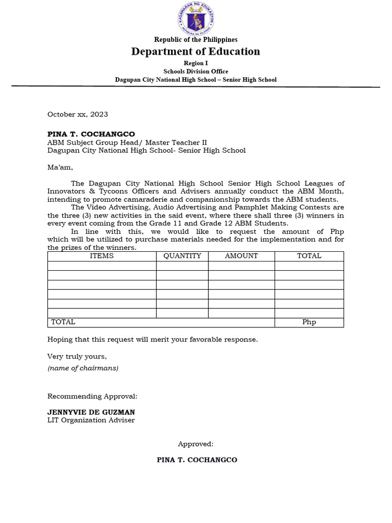 Budget Request for ABM Month Activities | PDF | Social Science | Wellness