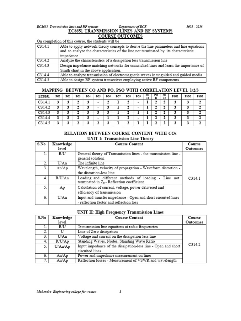 Transmission Lines & RF Systems Course Guide | PDF | Transmission Line ...