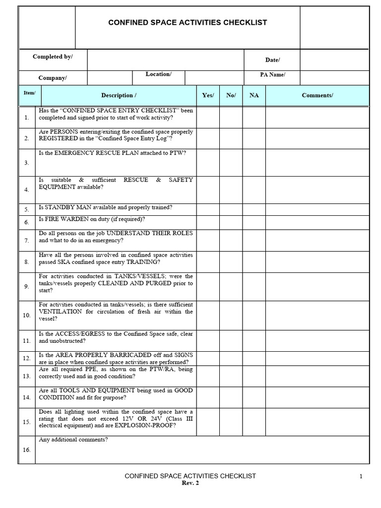 Confined Space Entry Checklist | PDF | Labor Relations | Hazards