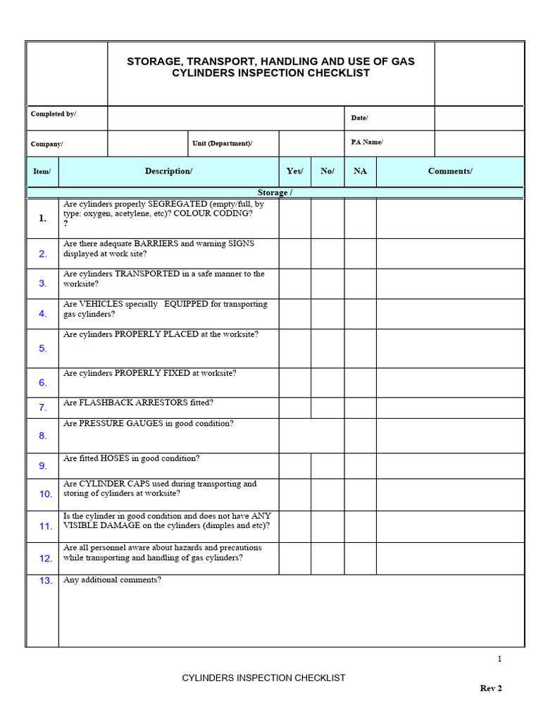 Gas Cylinder Inspection Checklist | PDF | Gas Technologies | Mechanical ... Gas Cylinder Inspection Checklist | PDF | Gas Technologies | Mechanical ...