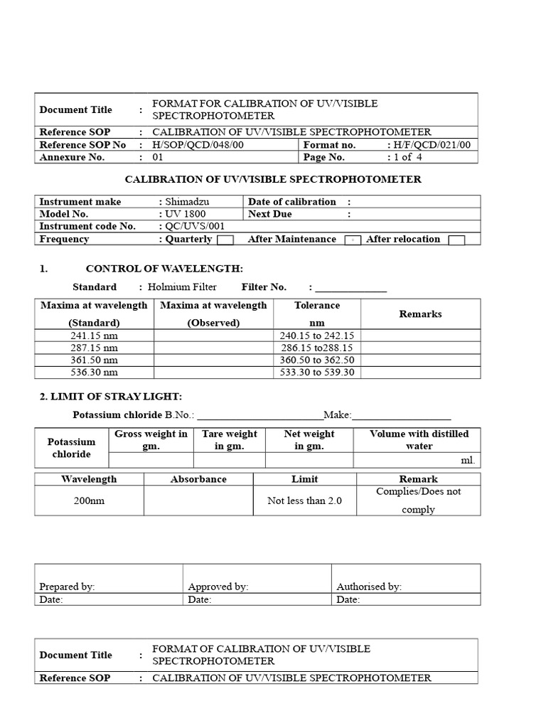 UV/VIS Spectrophotometer Calibration SOP | PDF | Spectrophotometry ...