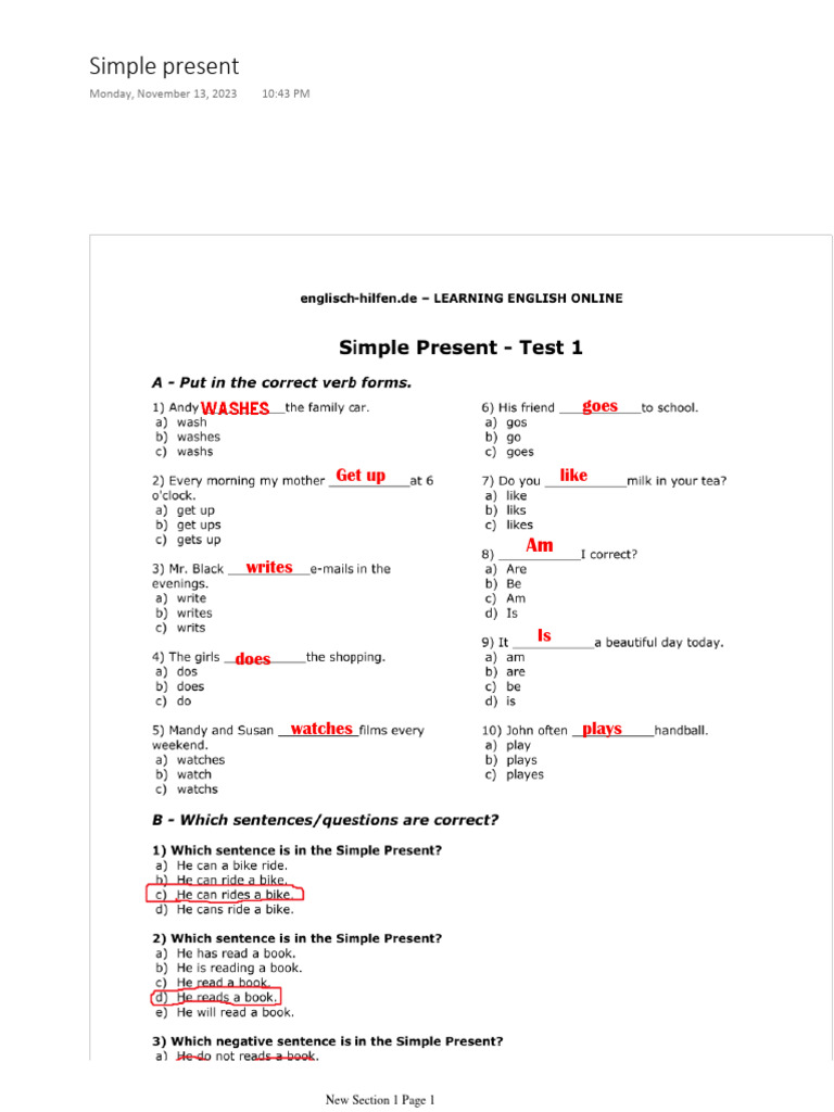 Simple Present Tense Practice Questions | PDF