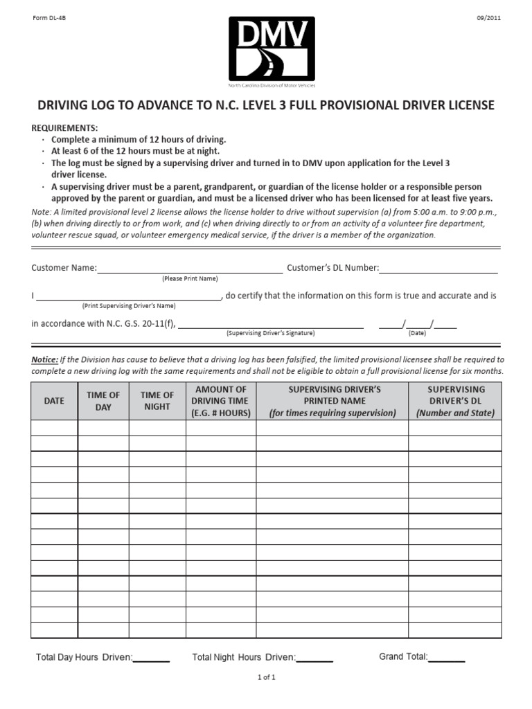 Driving Log To Advance To N.C. Level 3 Full Provisional Driver License ...