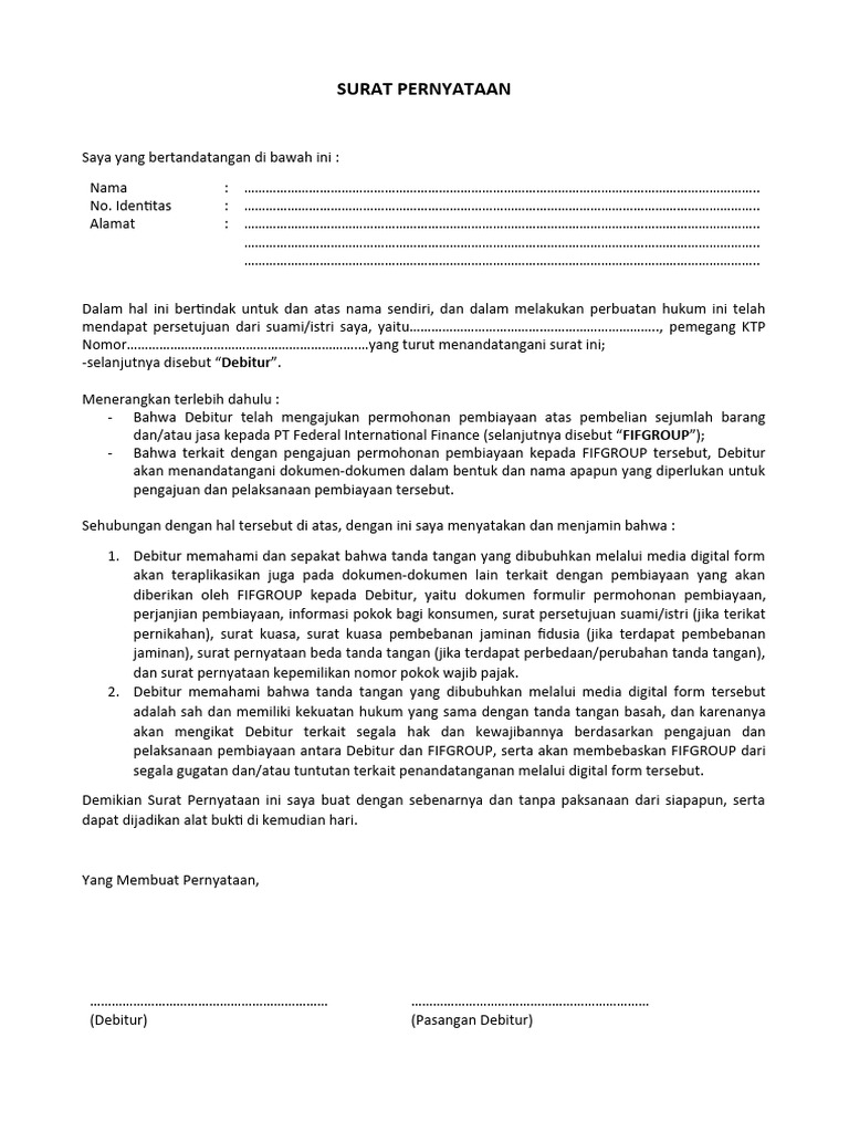 Surat Pernyataan Debitur FIFGROUP | PDF | Hukum