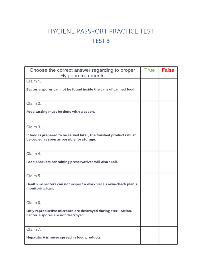 TEST 3 - HYGIENE PASSPORT PRACTICE TEST (1) | PDF | Hygiene ...
