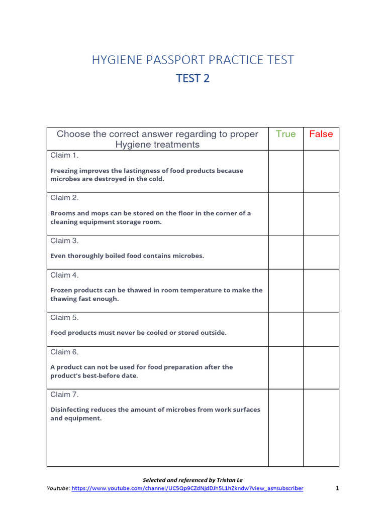 TEST 2 - HYGIENE PASSPORT PRACTICE TEST (1) | PDF | Shelf Life | Milk