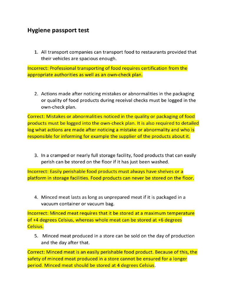 Hygiene Passport Test With ANSWERS | PDF