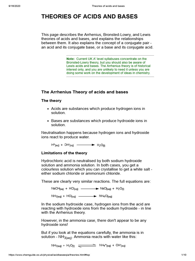 Theories of acids and bases | PDF | Acid | Chemical Reactions