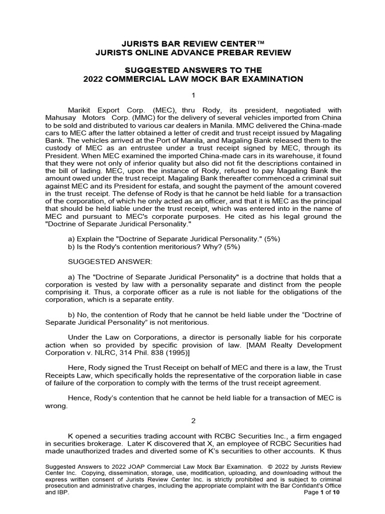 Suggested Answers To 2022 JOAP Commercial Law Mock Bar Examination ...