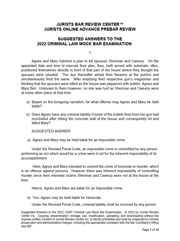 Suggested Answers To The 2022 JOAP Criminal Law Mock Bar Examination ...