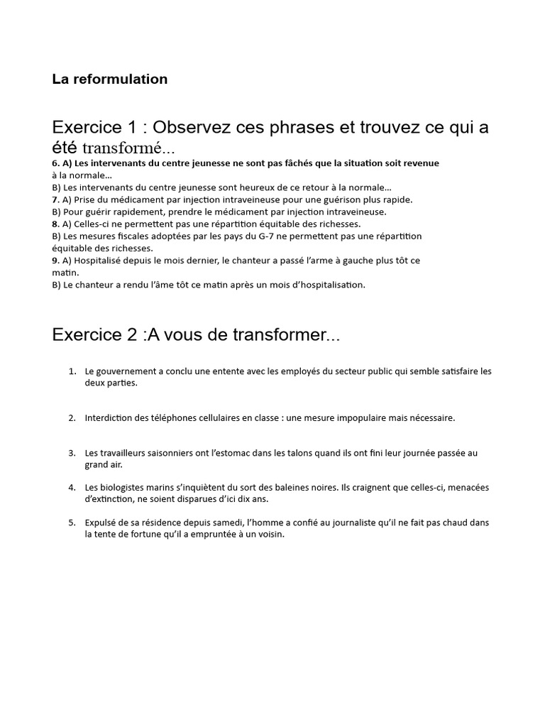 Exercices de Reformulation Pratiques | PDF | Bien-être