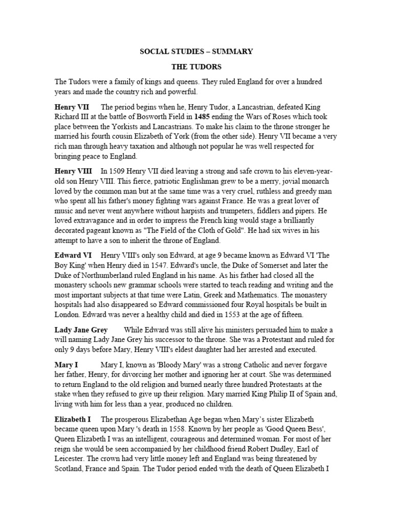 Social Studies Summ | PDF | House Of Tudor | Anne Boleyn