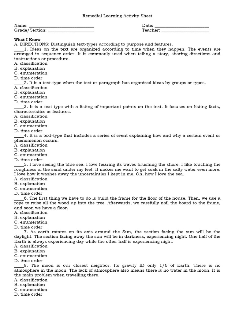 Remedial Learning Activity Sheet | Download Free PDF | Earth ...