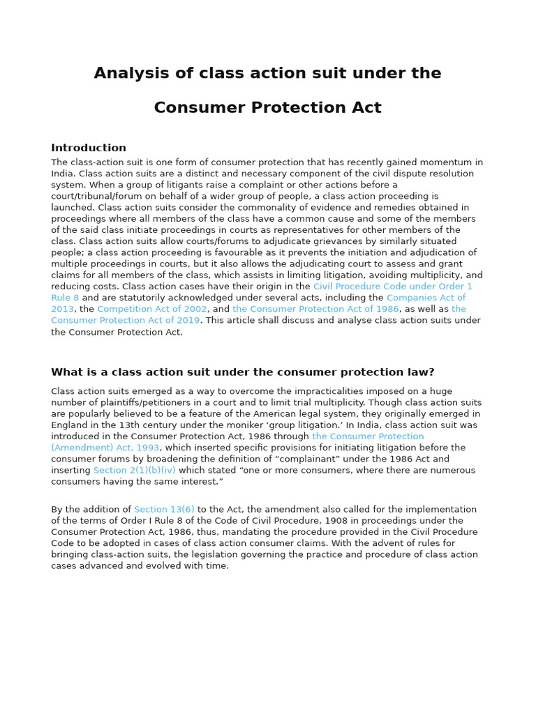 Analysis of Class Action Suit Under The Consumer Protection Act ...