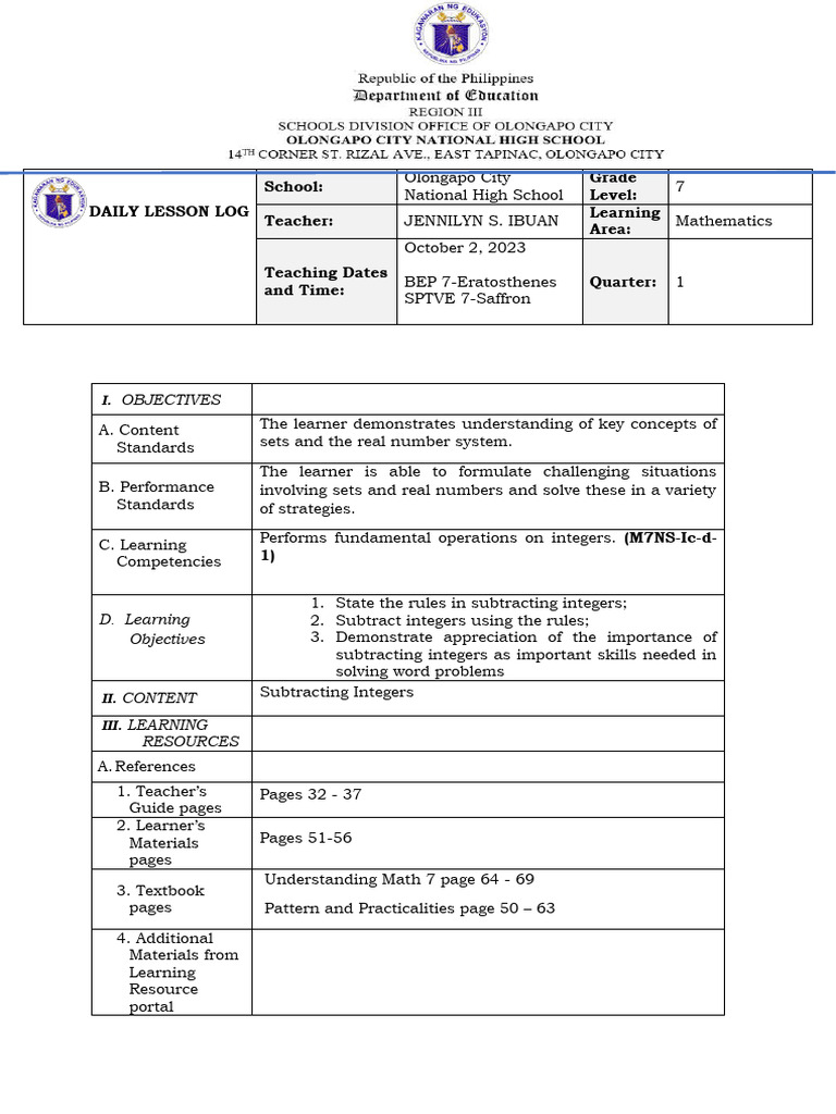 Subtraction of Integers | PDF | Subtraction | Behavior Modification