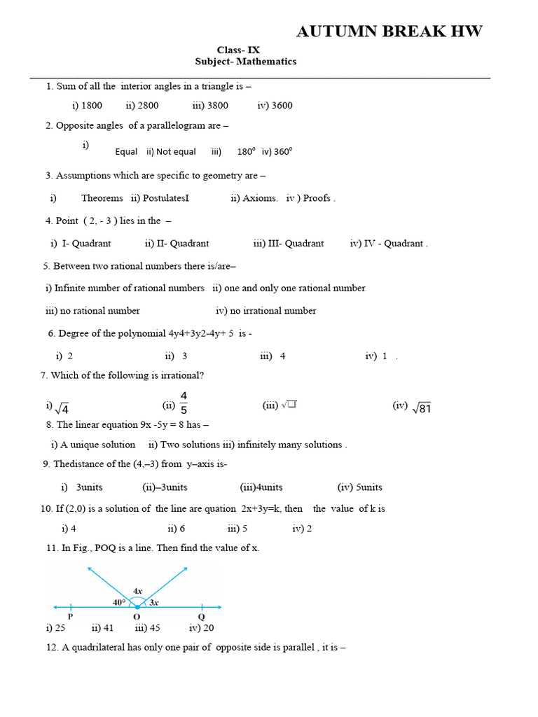 Autumn Break HW, Class 09 | PDF | Equations | Numbers