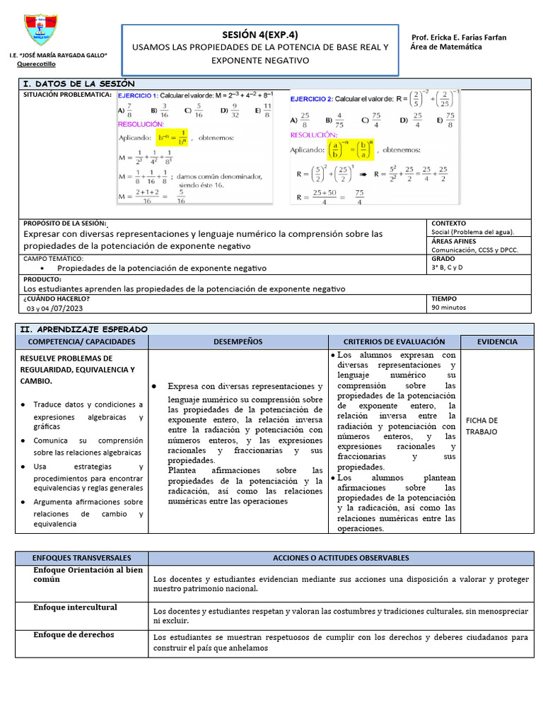 SESION APRENDIZAJE 4 EDA 4 3ero | PDF | Exponenciación | Maestros