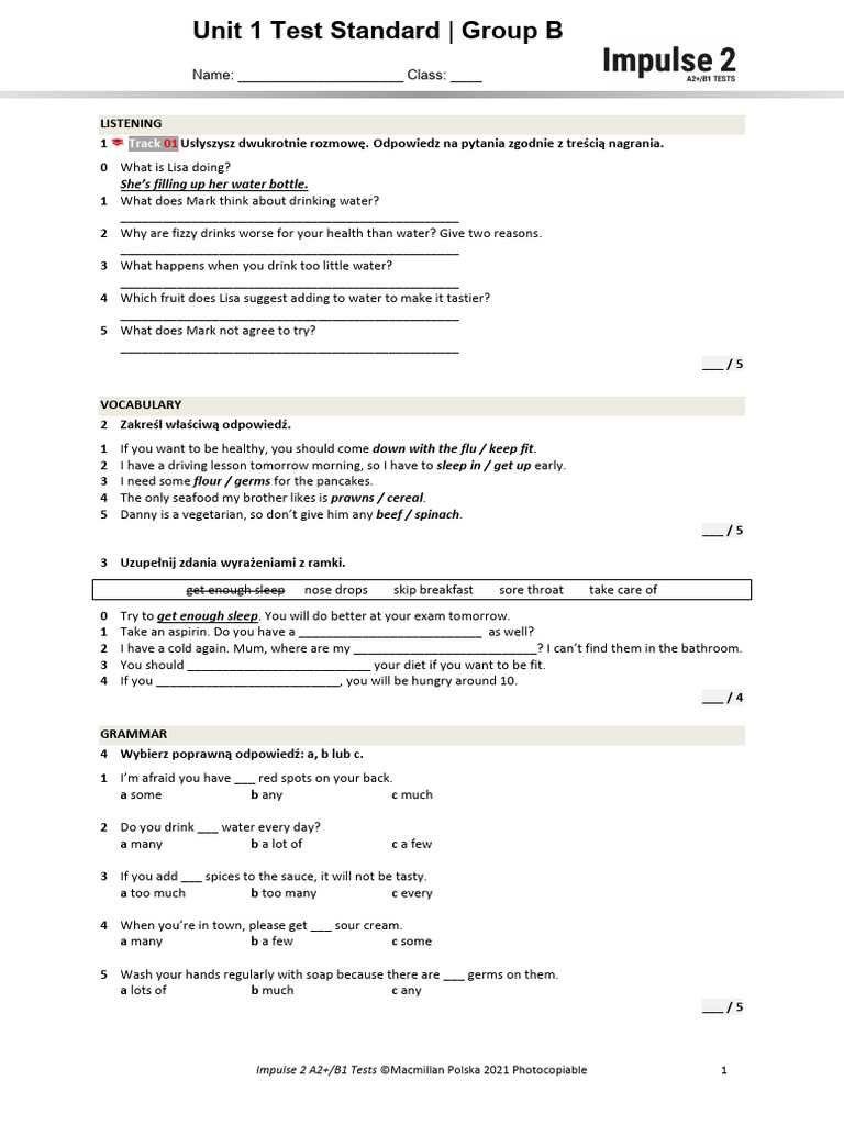 Unit 1 Test Standard B | PDF | Sleep | Cuisine