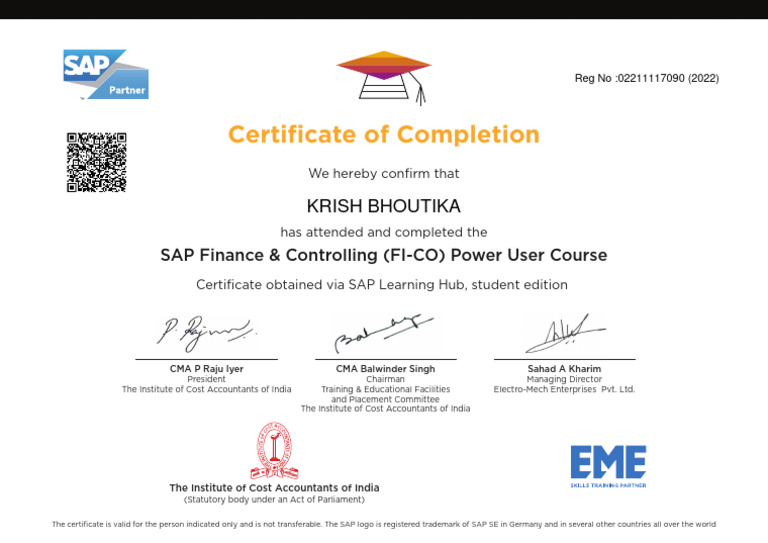 SAP FI-CO Course Completion Certificate | PDF