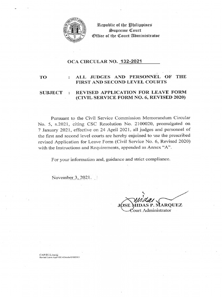 OCA Circular No. 132 2021 Leave Form | PDF