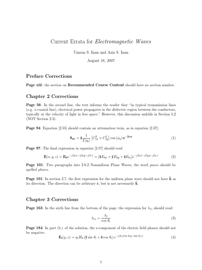 Current Errata For Electromagnetic Waves | PDF | Waves | Equations