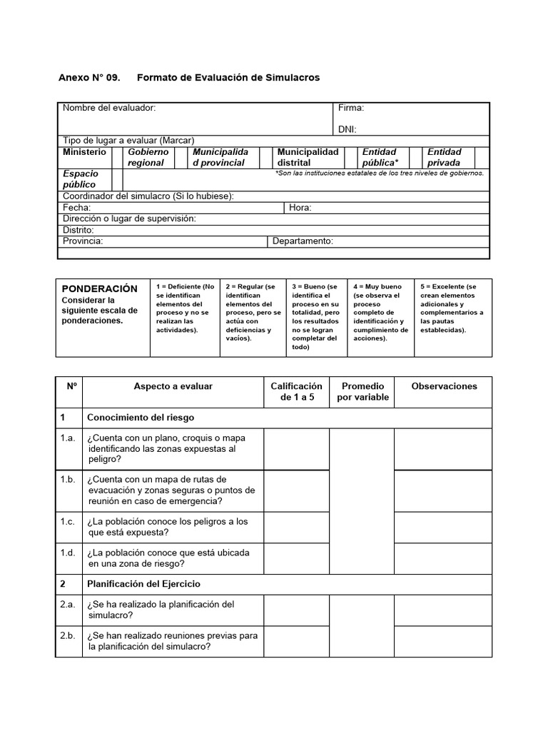 Anexo #09 Formato de Evaluación de Simulacros 1 | PDF | Simulación | Planificación