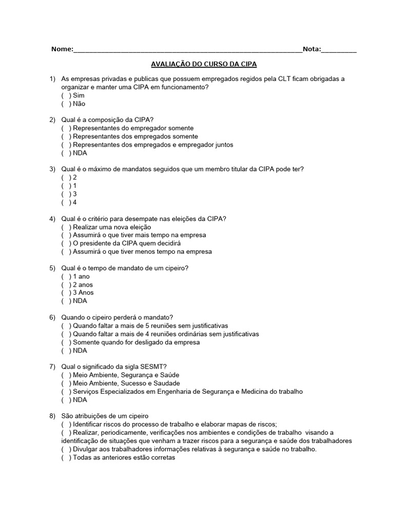 Avaliação do Curso da CIPA | PDF