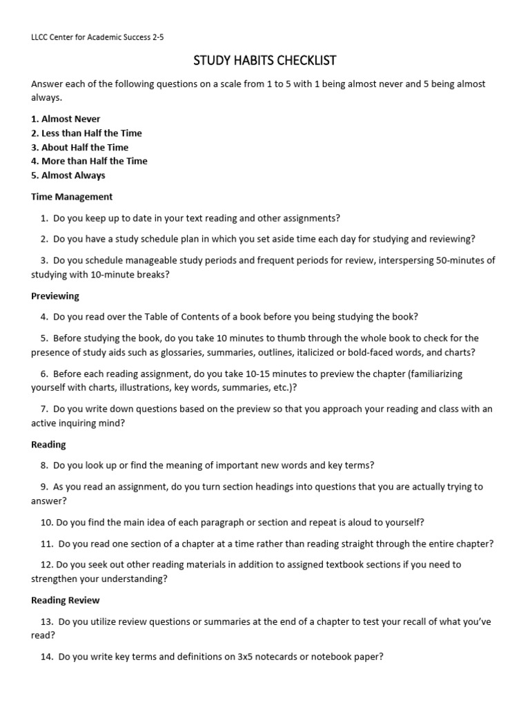 2 5 Study Habits Checklist Fillable | PDF | Books | Cognitive Science