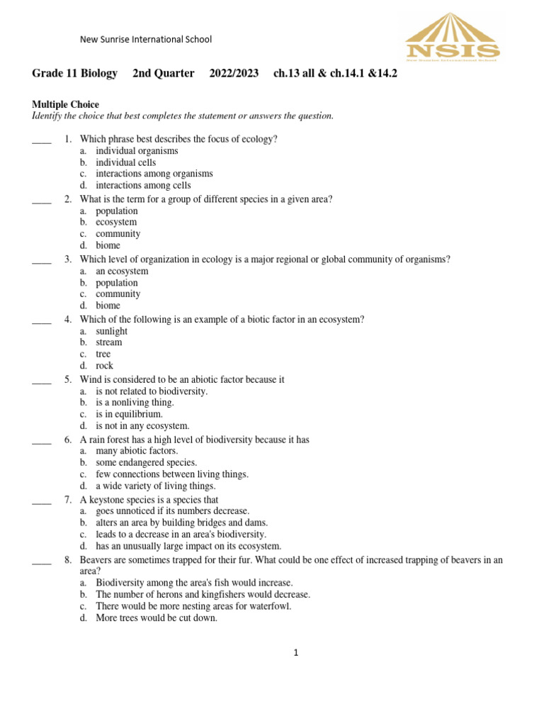 Ecology Concepts and Relationships Quiz | PDF | Ecosystem | Food Web