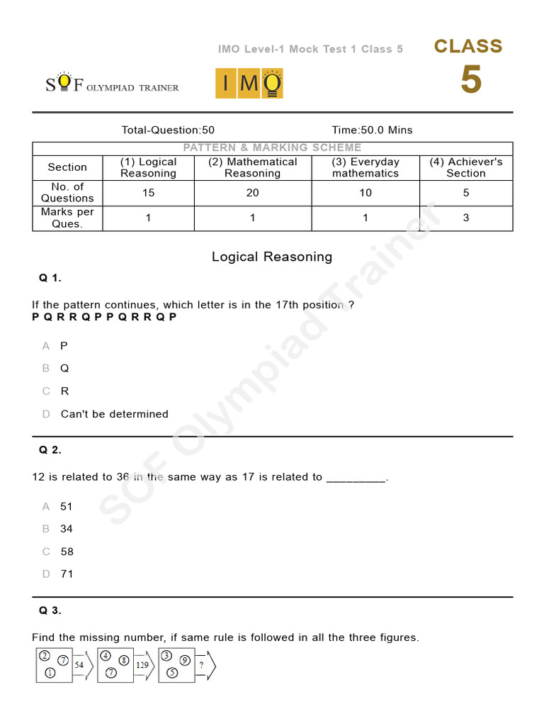 IMO Level1 Mock1 Class5 | PDF | Geometry
