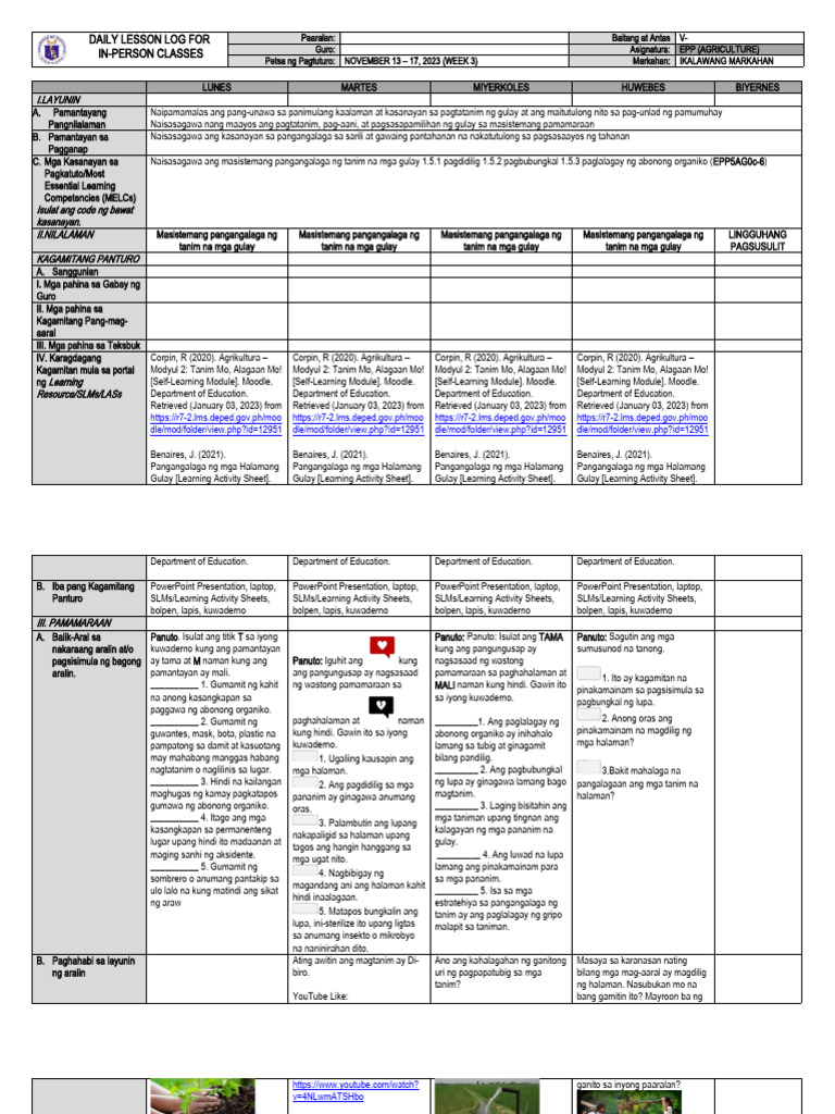 g5 q1w3 DLL Epp Agriculture Melcs | PDF