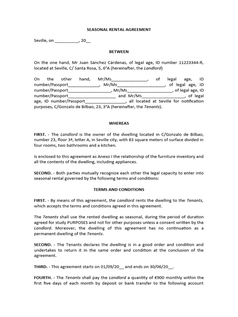 Seasonal Rental Agreement | PDF | Leasehold Estate | Landlord